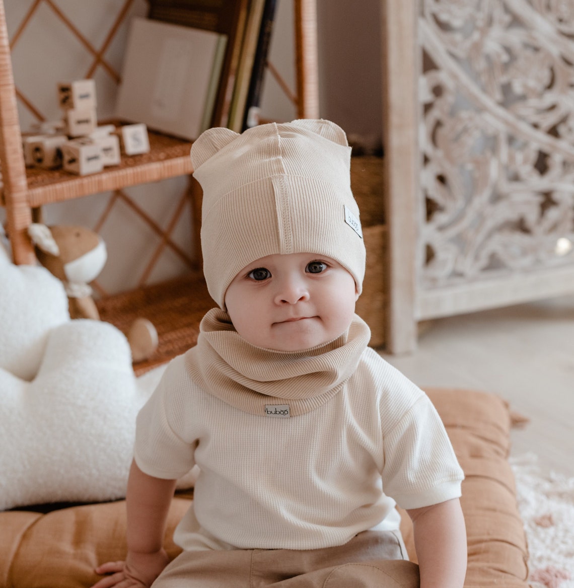 Kids Beanie and Snood Scarf Set for Spring, Baby Cotton Hat and Scarf ...