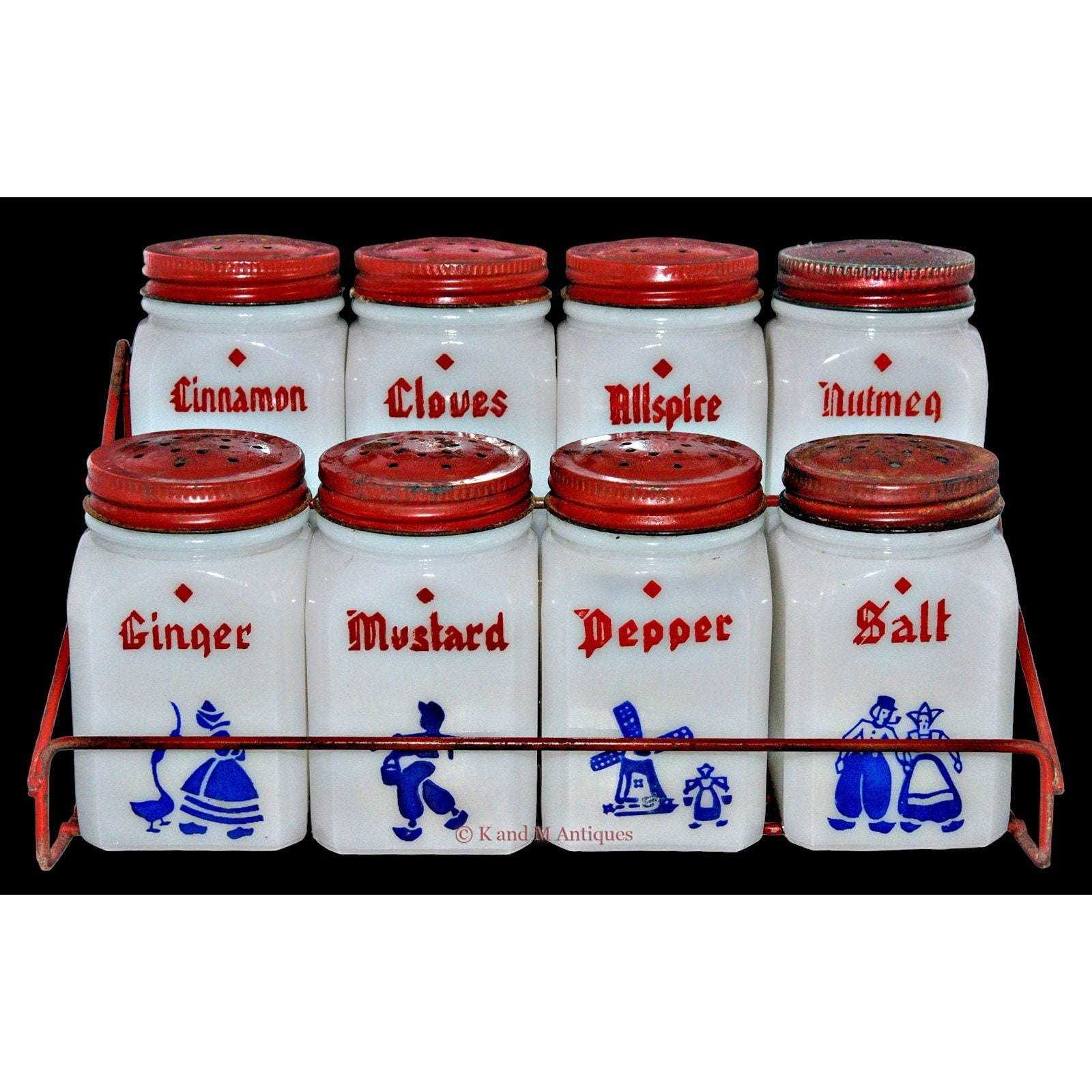 Hazel Atlas White Milk Glass 8 Piece Dutch Spice Set With Rack - All ...