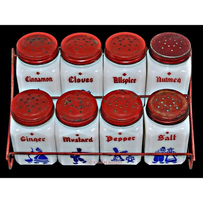 Hazel Atlas White Milk Glass 8 Piece Dutch Spice Set With Rack All ...