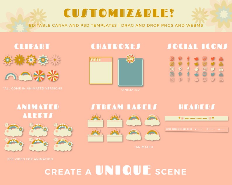 70s Retro Customizable Animated Twitch Stream Overlay Package - Etsy