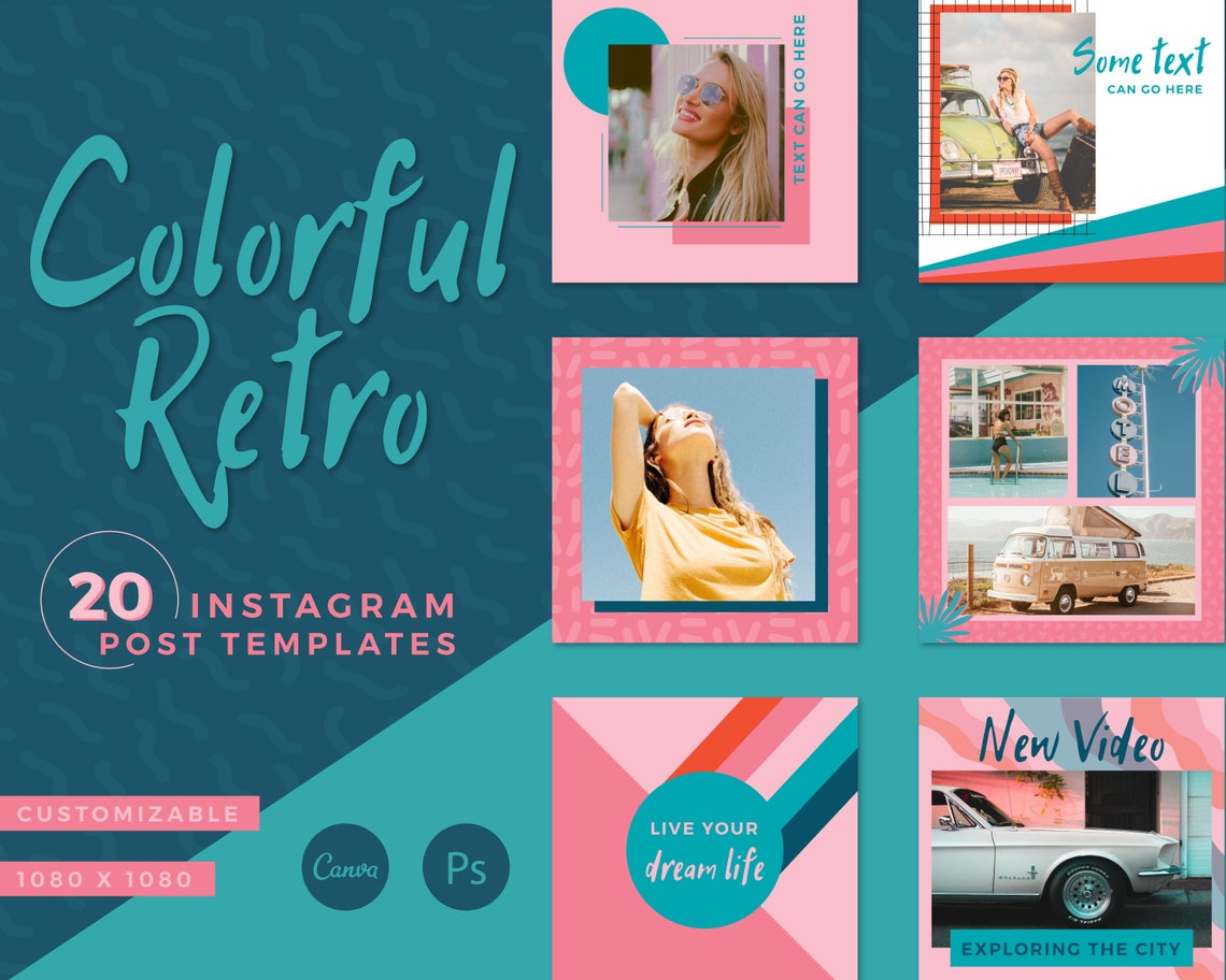 Instagram: Colorful Retro Post Templates - Etsy