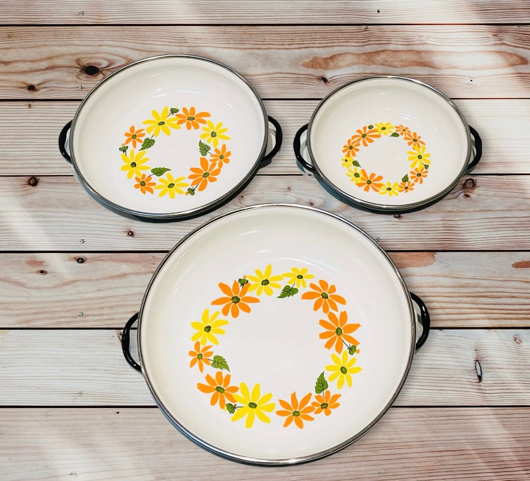 Vintage 3 Pan Set by Ekco Country Garden Italy Porcelain Clad Cookware ...