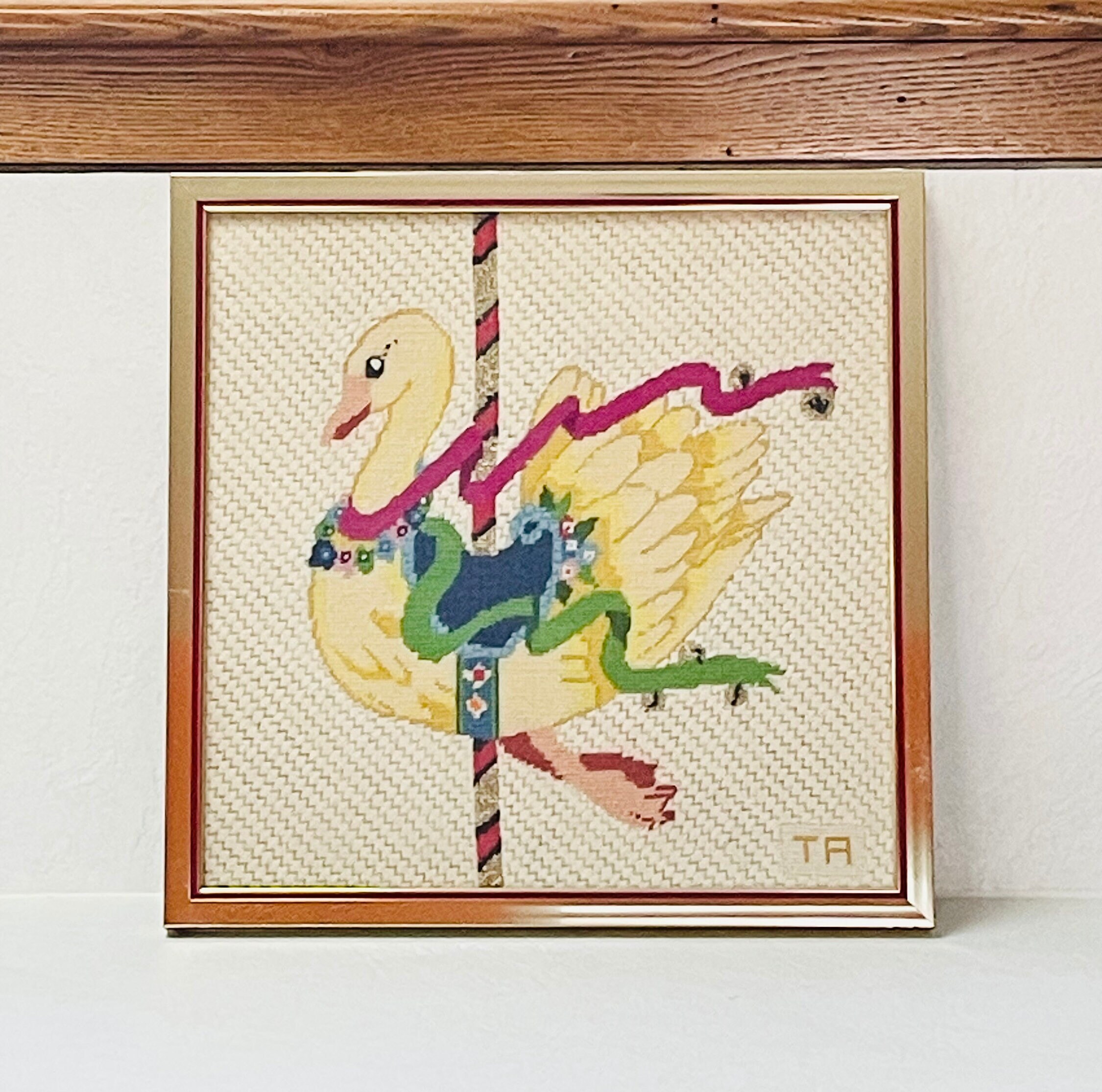 Swan Carousel Merry Go Round Needlepointvintage Framed Needlework Wall ...