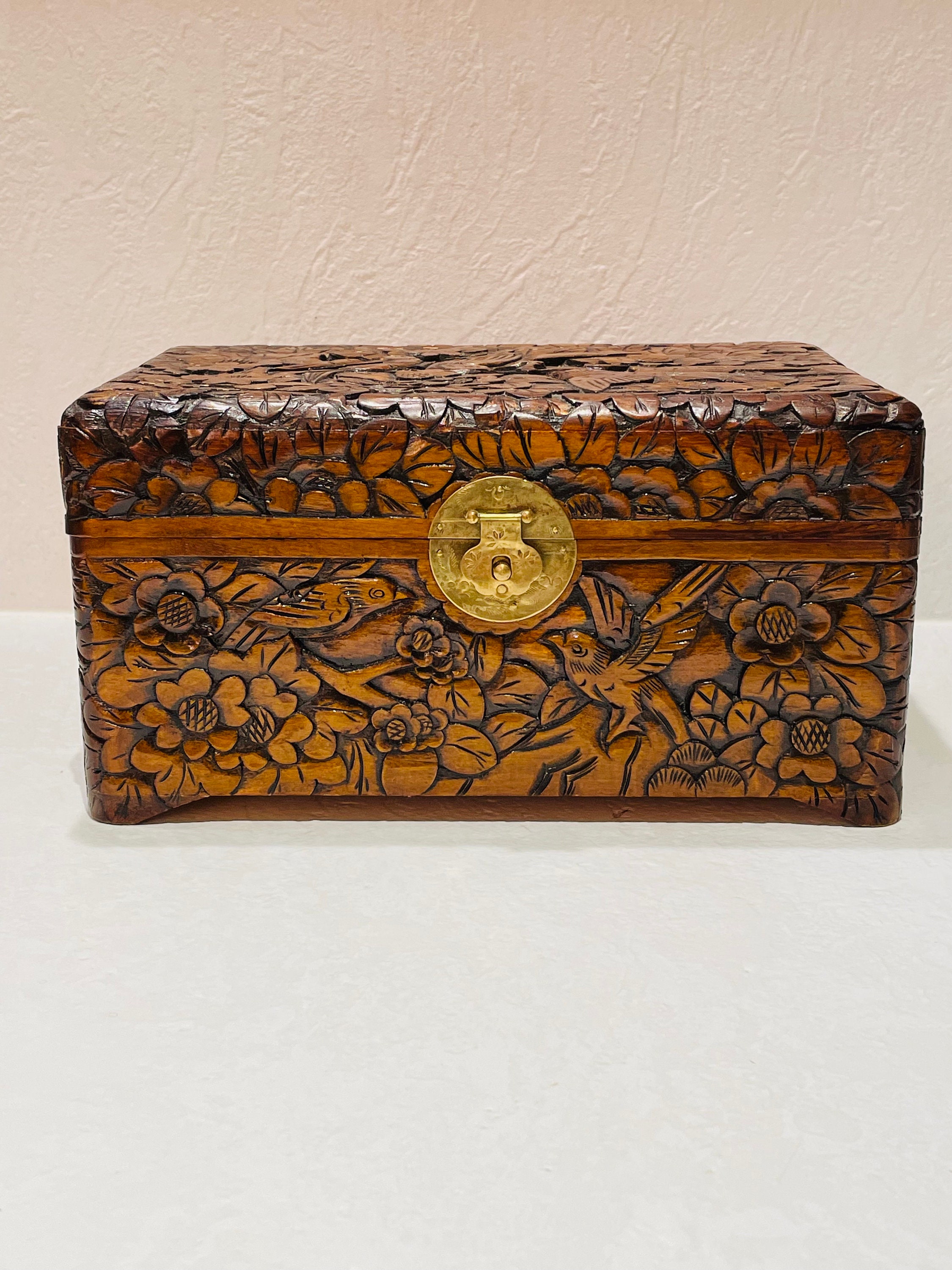 Vintage Asian Large Hand Carved Wooden Jewelry Box With Birds and ...