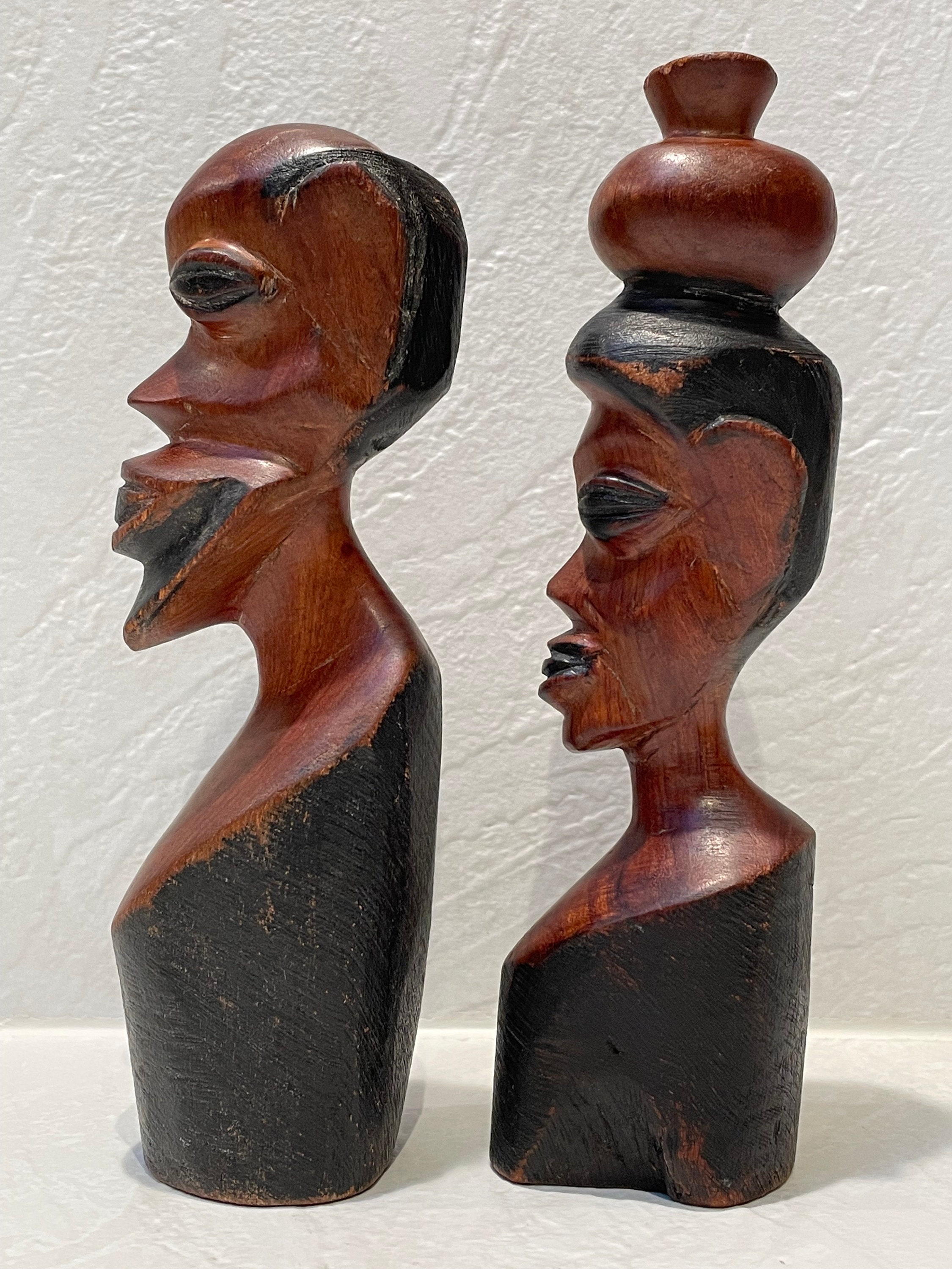 Vintage Bust of Man and Woman Couple Rustic Hand Carved Figure Statue ...