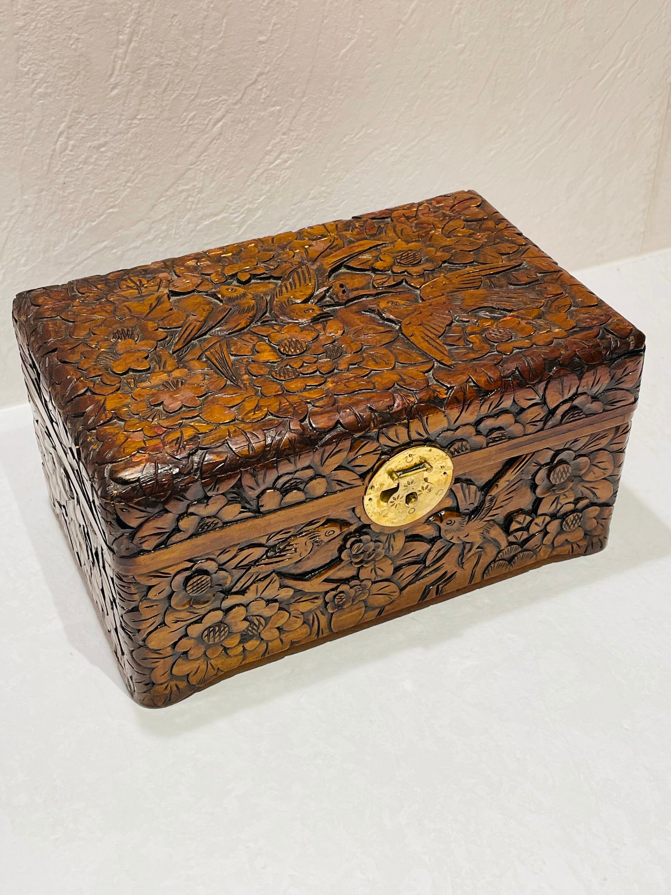 Vintage Asian Large Hand Carved Wooden Jewelry Box With Birds and ...
