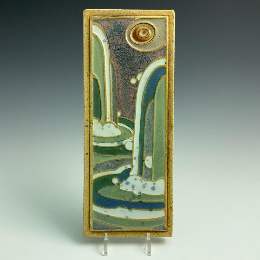 Handmade Ceramic Art Tile/ Double Waterfall, Gorge Scene Under a ...