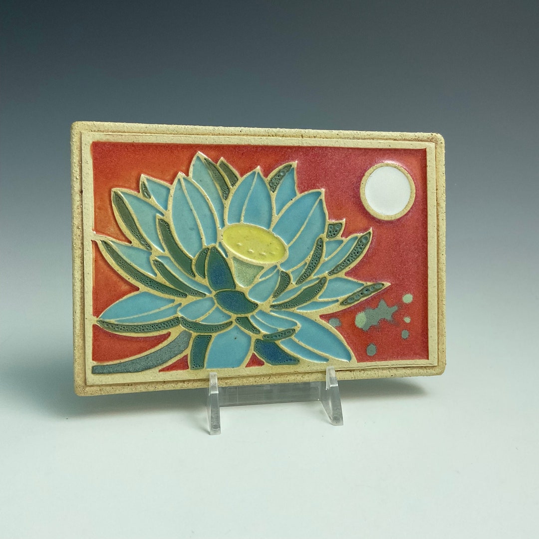 Handmade Ceramic Art Tile, Blue Lotus on a Pink Sky Tile - Etsy