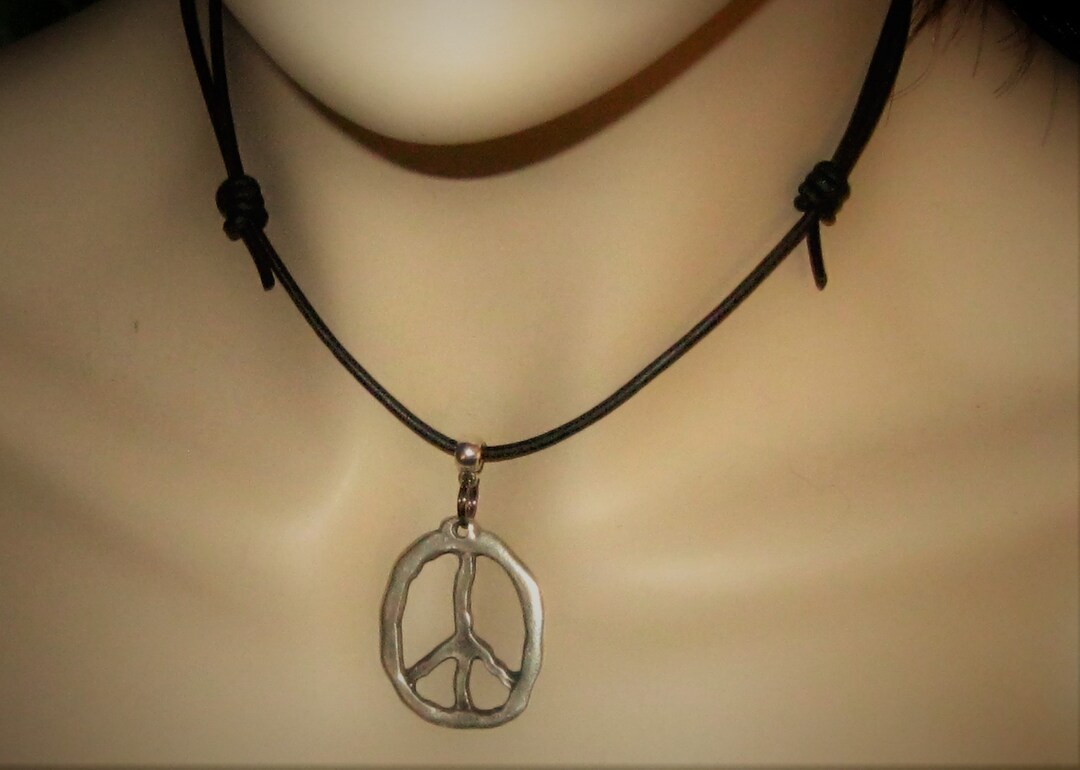 Peace Sign Leather Necklace, Hand Hammered Pewter Pendant, Gift for Her ...