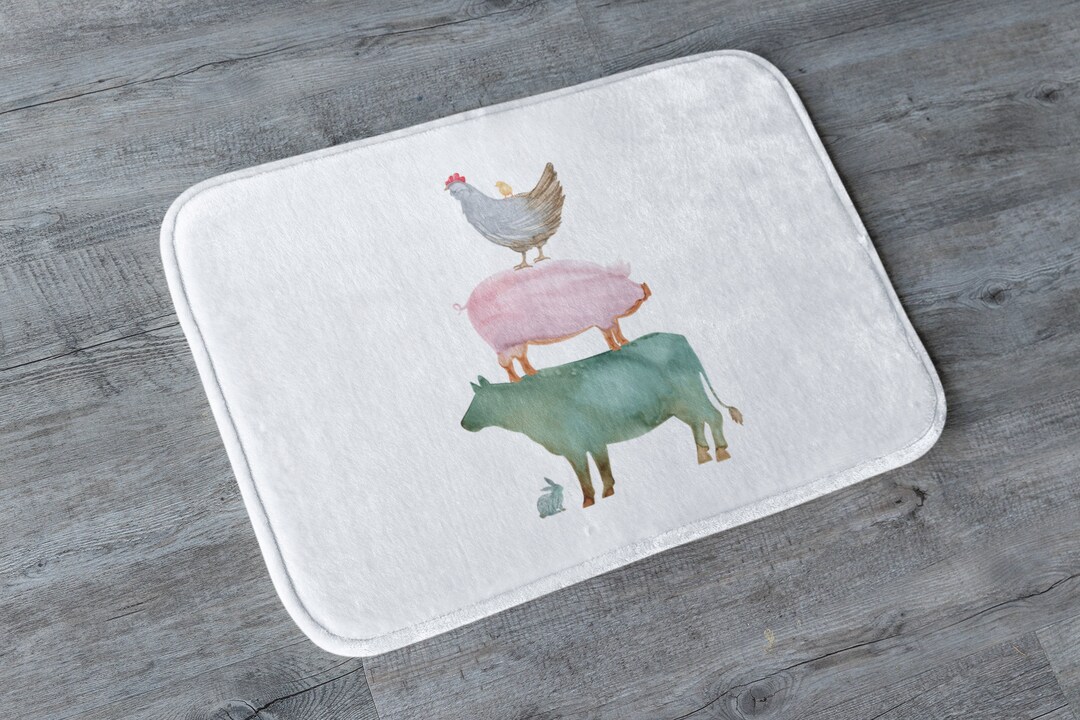 Farmhouse Floor Bath Mat, Cow Pig Chicken Alcohol Ink Art, Rustic ...