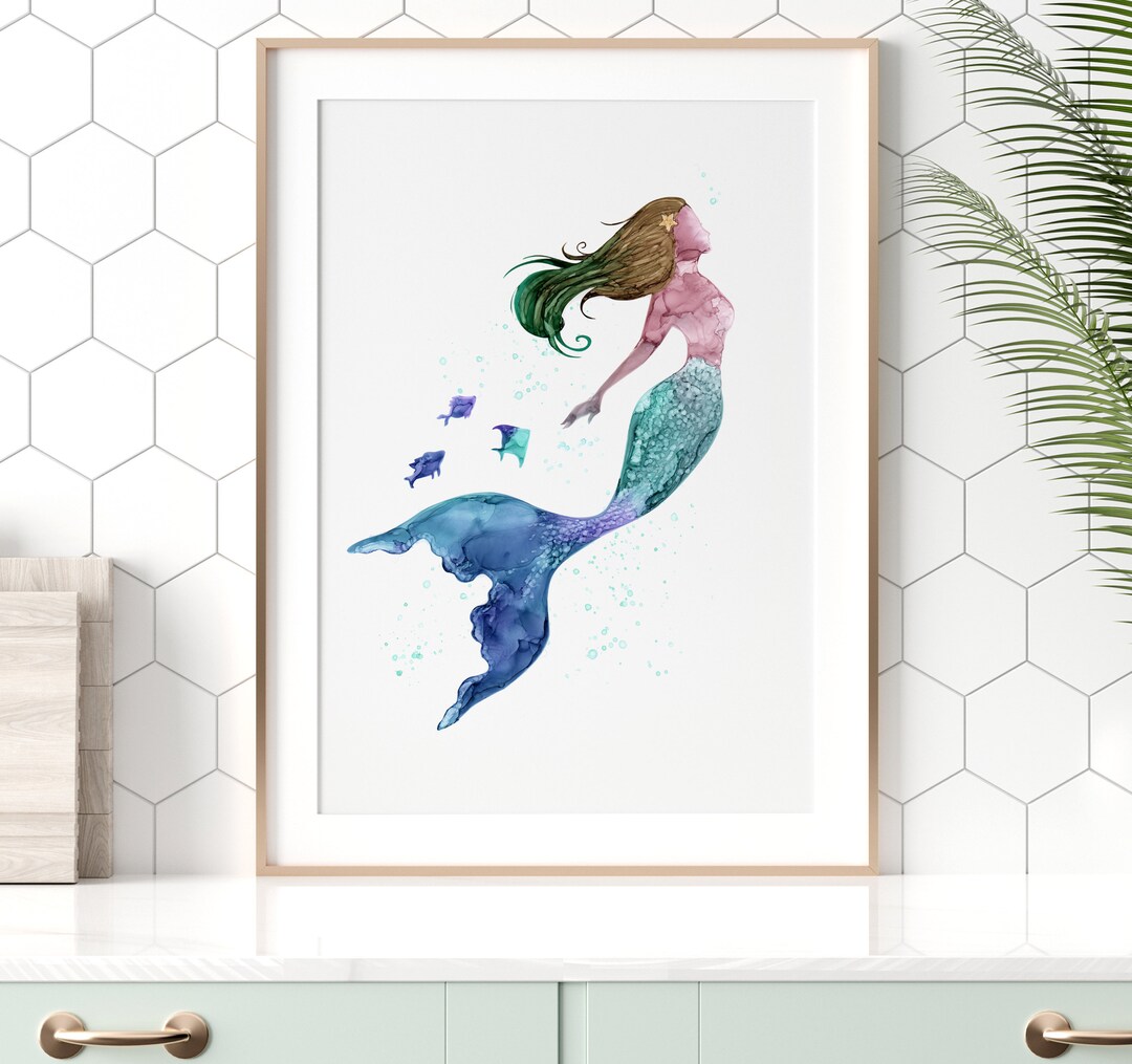 Mermaid Poster Wall Art, Abstract Alcohol Ink Art, Mermaid Swimming ...