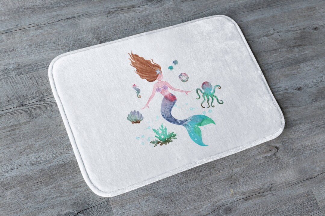 Mermaid Sea Life Bath Mat, Sea and Ocean Fish Art, Seashells, Starfish ...
