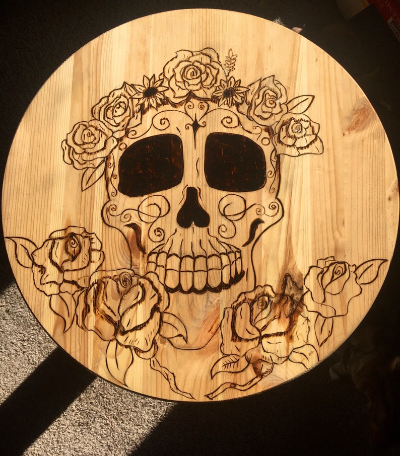Wood Burned Coffee Table | Round Coffee Table | Skull Table | Accent ...