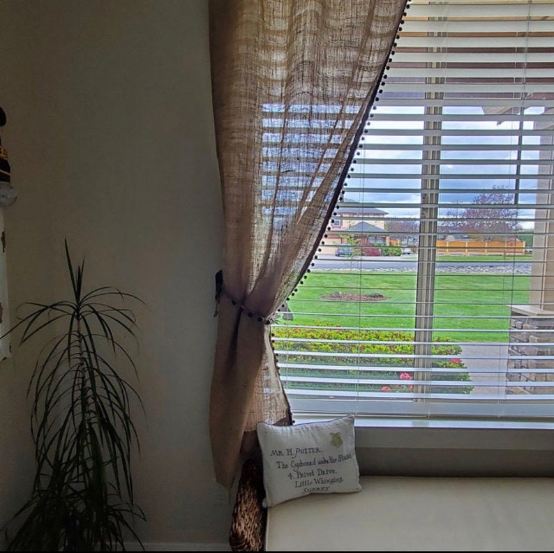 Pair Natural Burlap Curtain Panels With Pom Pom Trim/ - Etsy