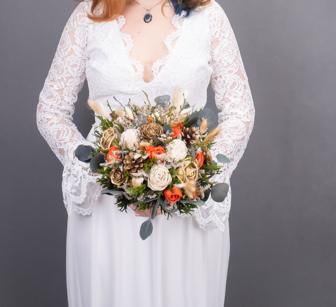 Fall Sola Flower Wedding Bouquet: Burnt Orange, Gold, and Pine Cone - Etsy