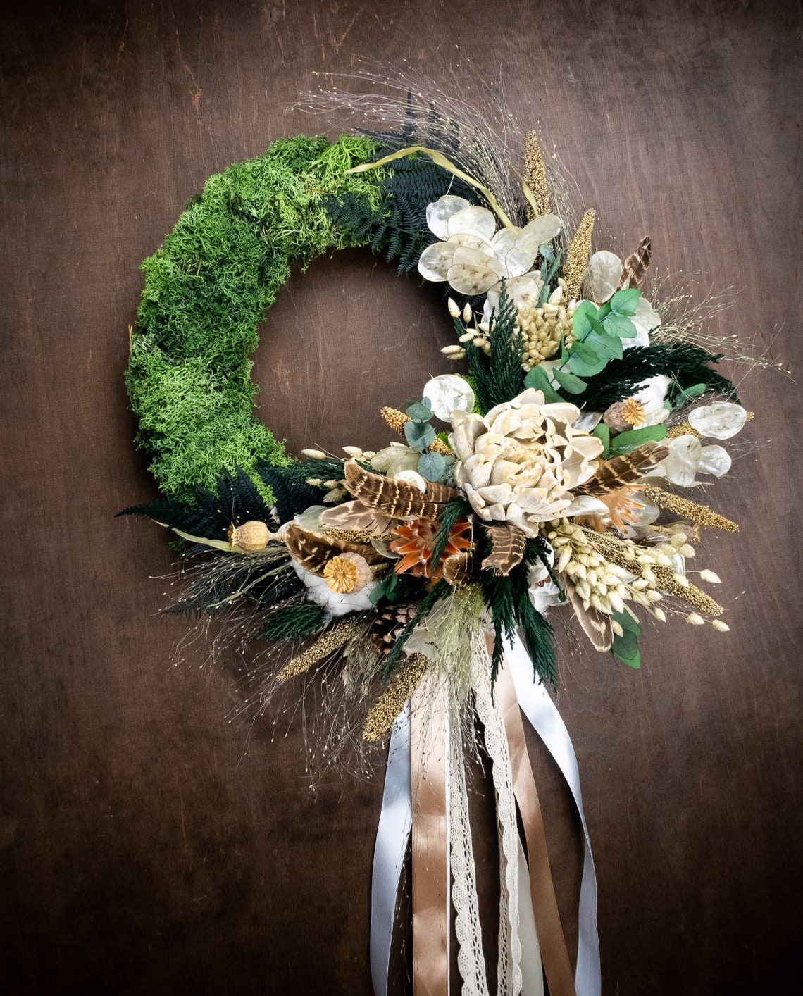 Boho Rustic Wreath With Feathers and Ribbons Preserved Moss - Etsy