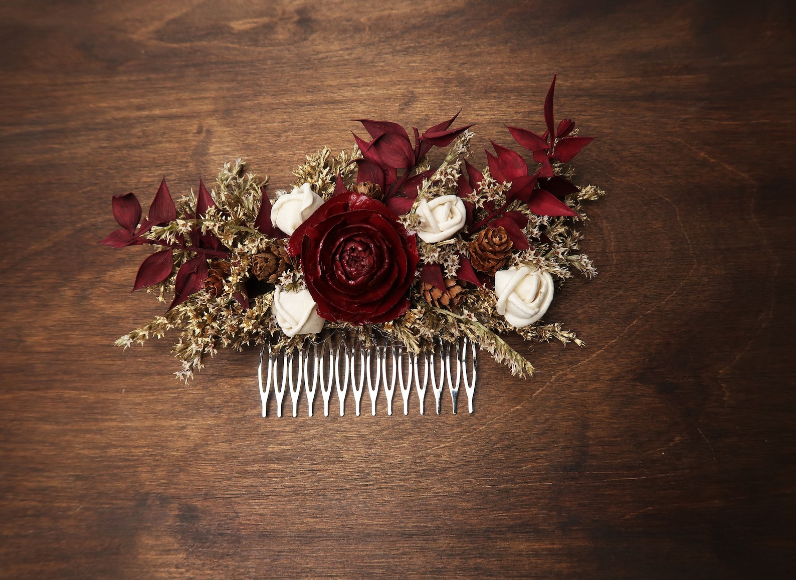 Burgundy Gold HAIR COMB Cedar Rose Dried Flowers Tiny Cones - Etsy