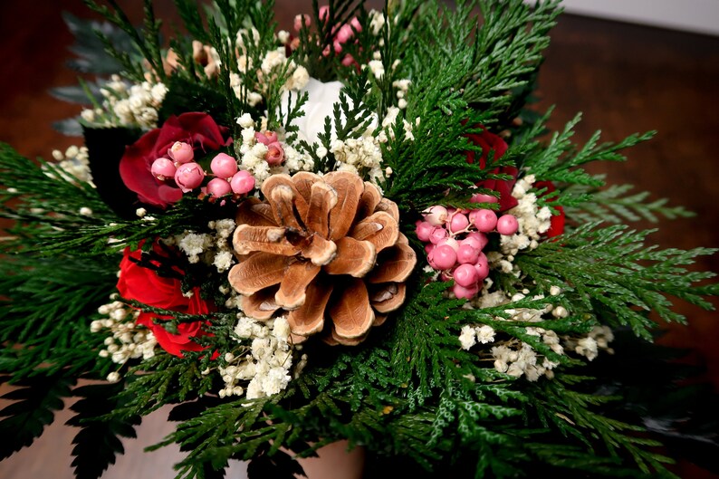 Winter wedding bouquet pine cones berries real preserved roses | Etsy