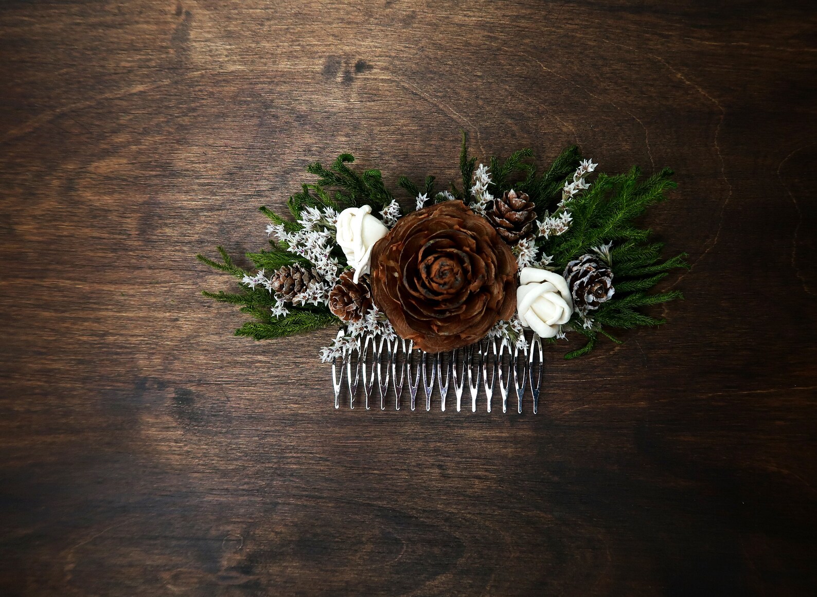 Green brown HAIR COMB cedar rose ivory sola flowers rustic | Etsy