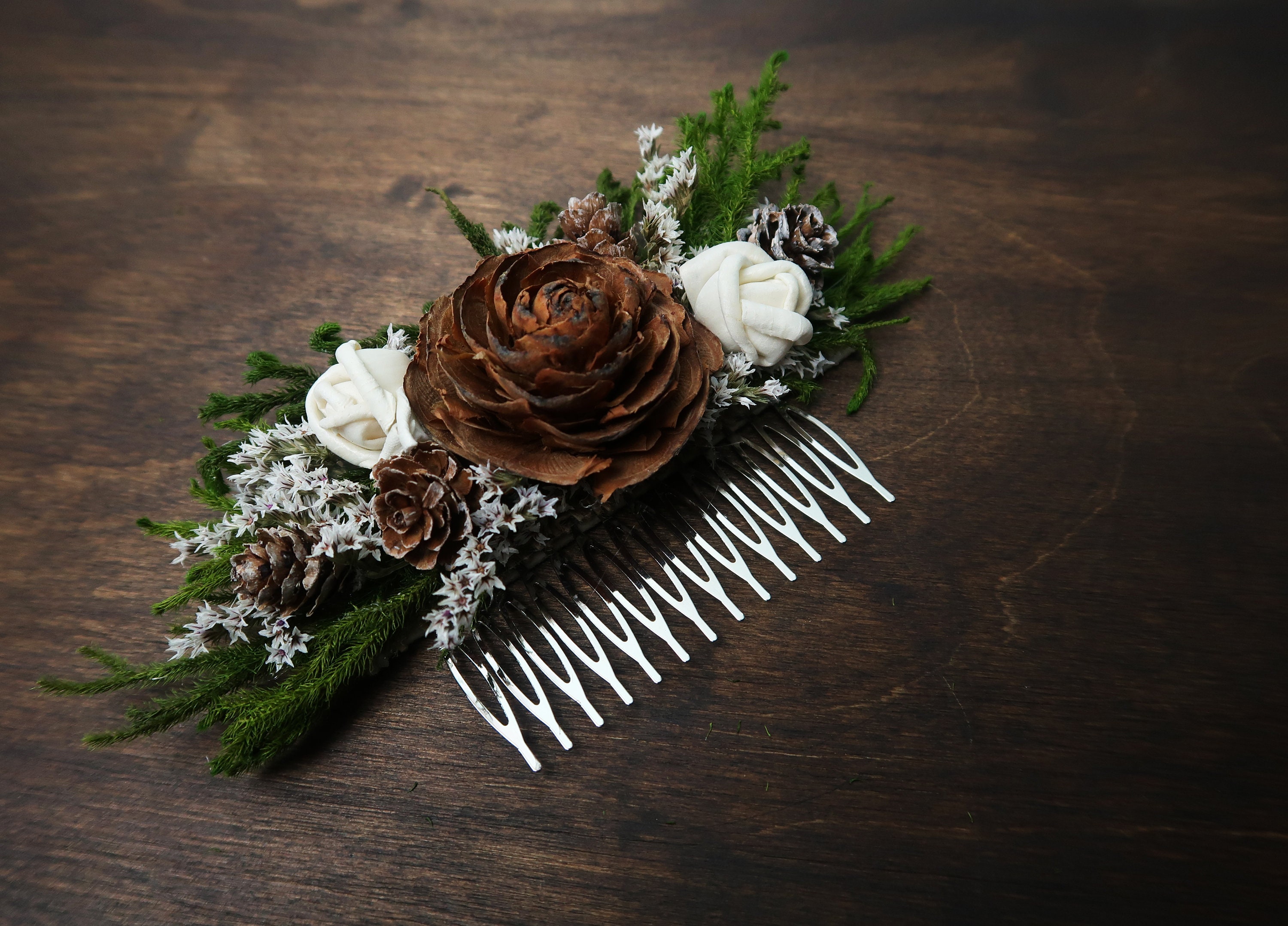 Green brown HAIR COMB cedar rose ivory sola flowers rustic | Etsy