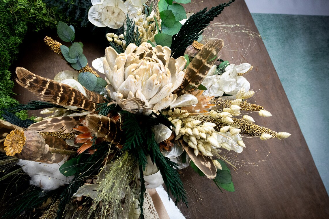Boho Rustic Wreath With Feathers and Ribbons Preserved Moss - Etsy