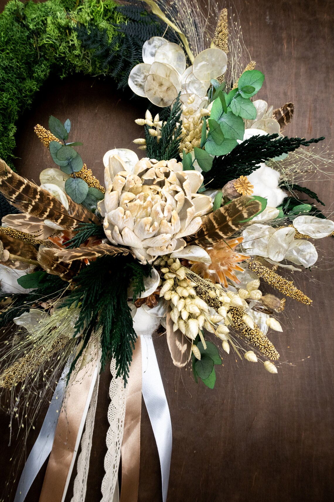 Boho Rustic Wreath With Feathers and Ribbons Preserved Moss - Etsy