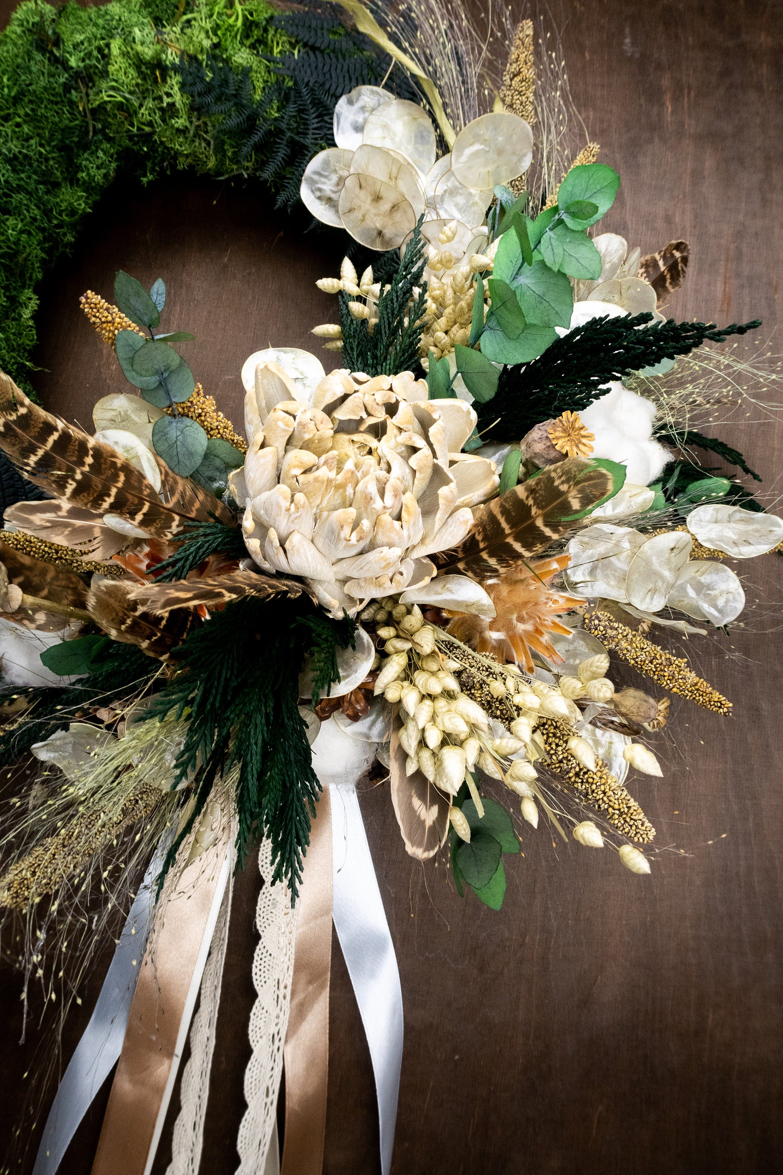 Boho Rustic Wreath With Feathers and Ribbons Preserved Moss - Etsy