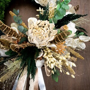 Boho Rustic Wreath With Feathers and Ribbons, Preserved Moss Eucalyptus ...