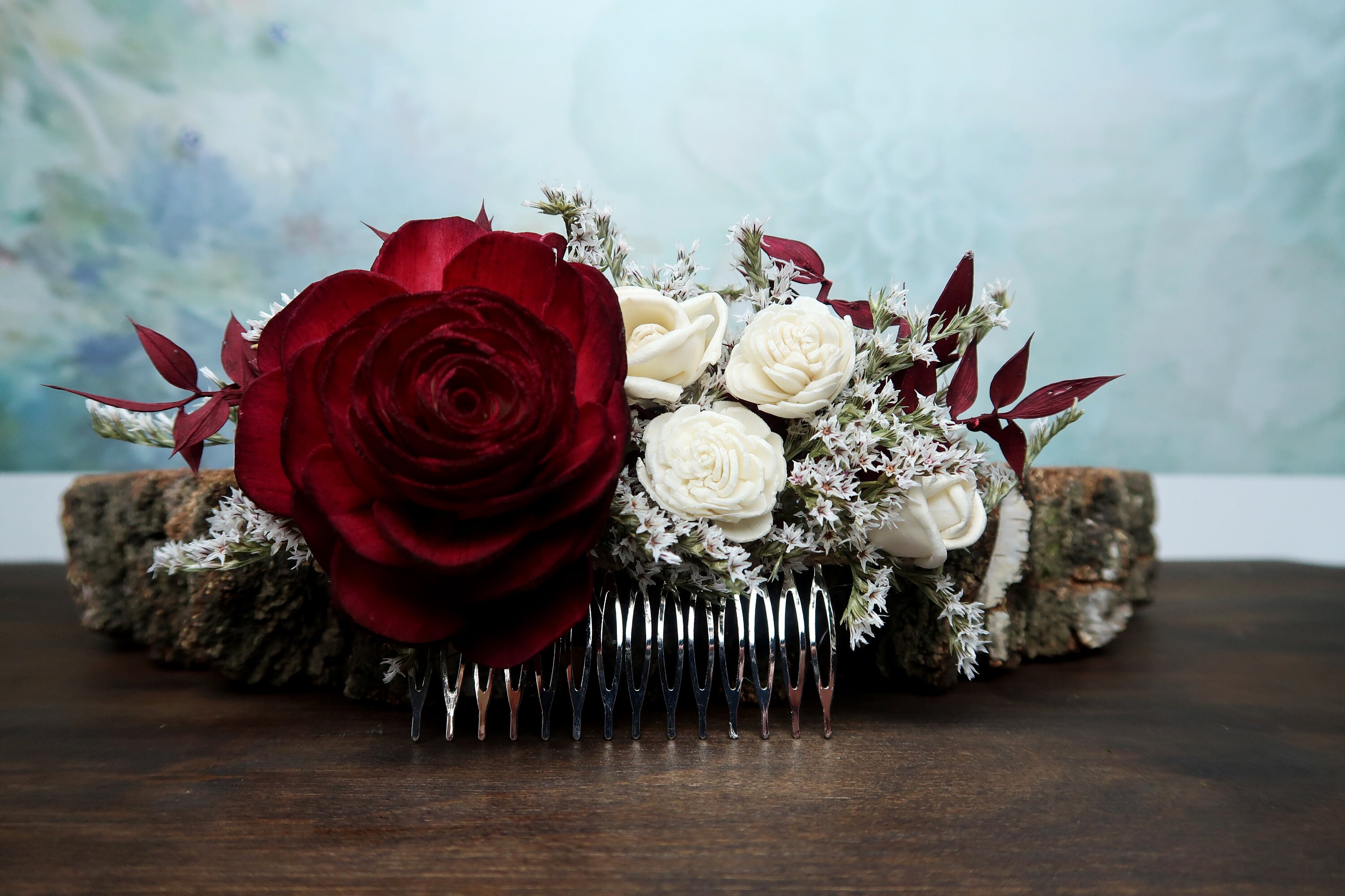 Deep red rose hair comb Alternative bride Burgundy rustic | Etsy