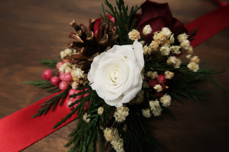 Winter Wedding Wrist Corsage: Red Roses, Pine Cones & Berries - Etsy