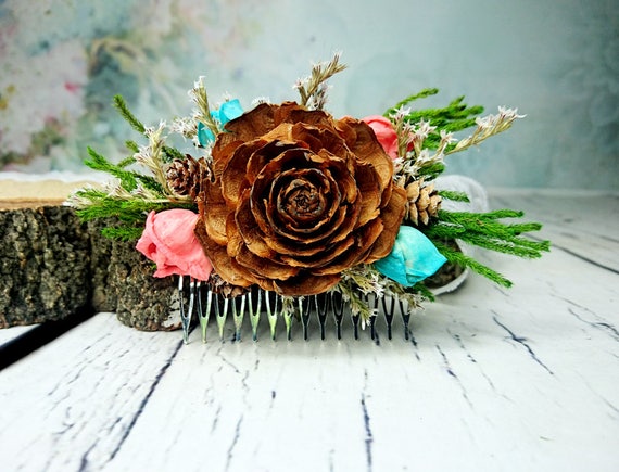 Green turquoise coral reef HAIR COMB brown cedar rose sola | Etsy