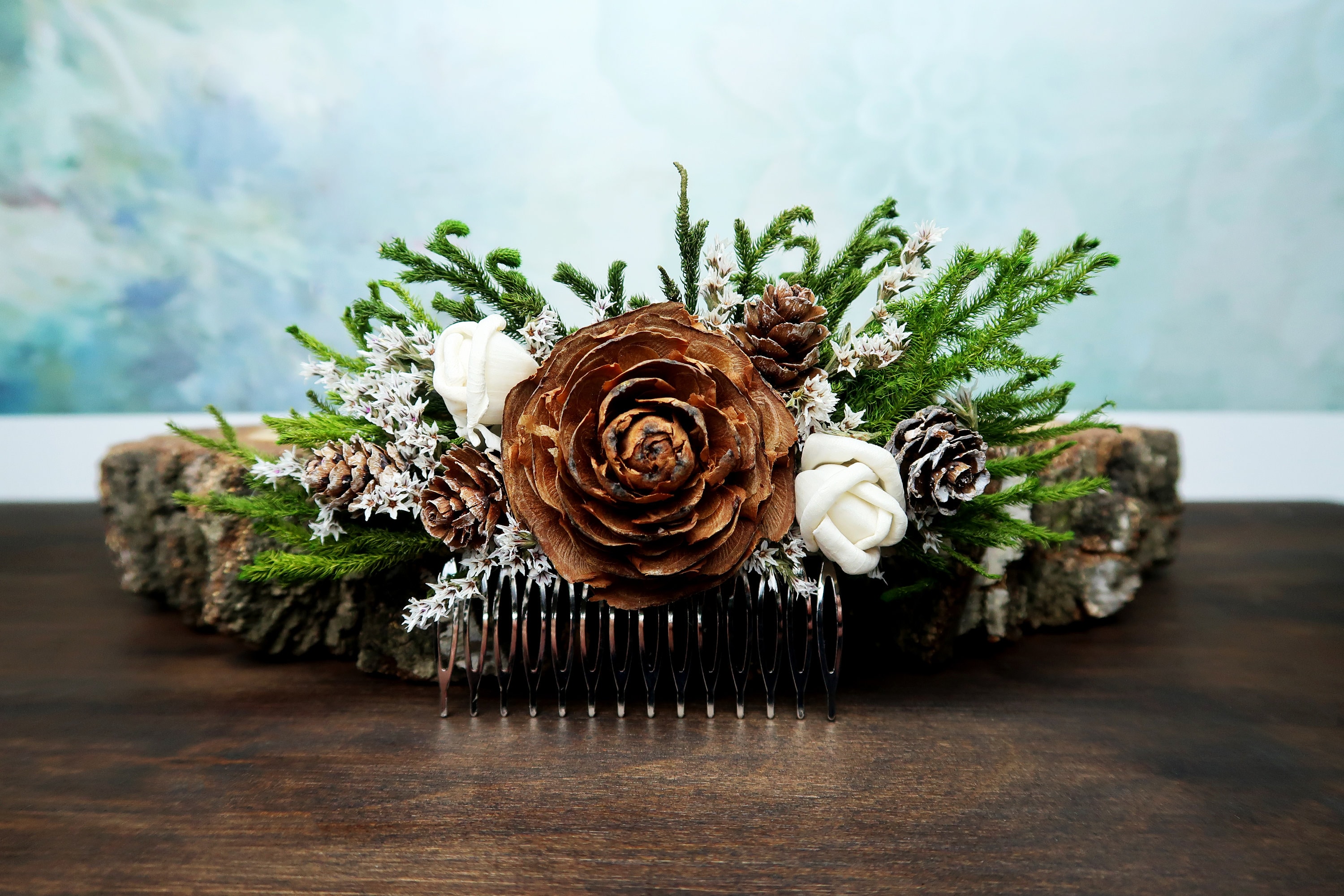 Green brown HAIR COMB cedar rose ivory sola flowers rustic | Etsy