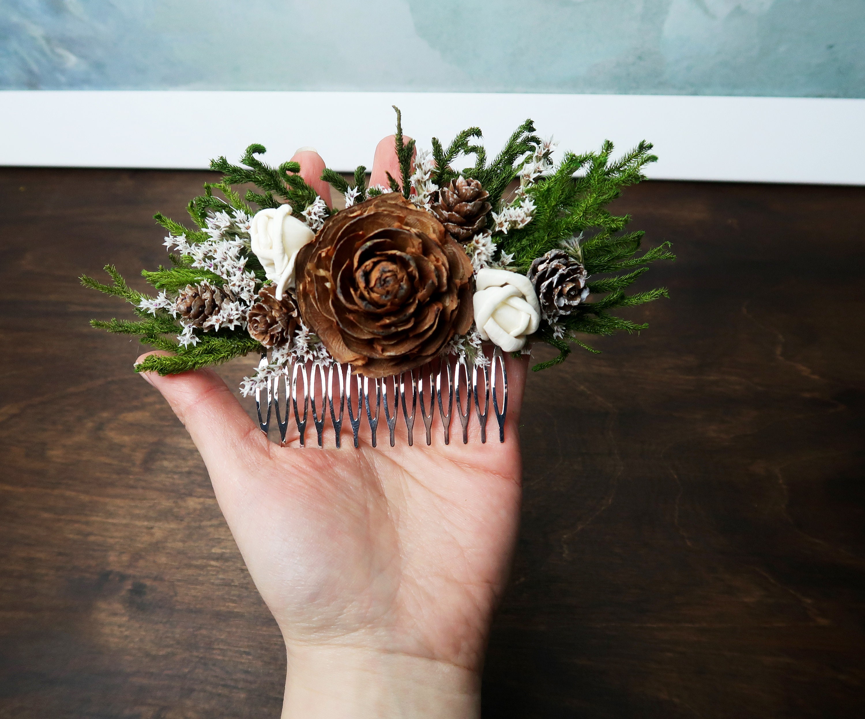 Green brown HAIR COMB cedar rose ivory sola flowers rustic | Etsy