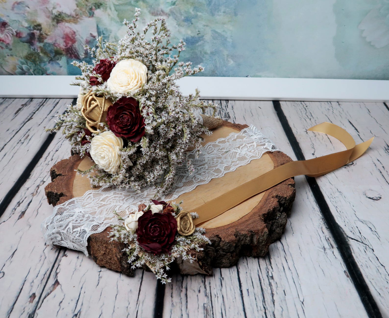 Small Burgundy Ivory Gold Rustic Wedding BOUQUET Sola Flowers - Etsy Canada