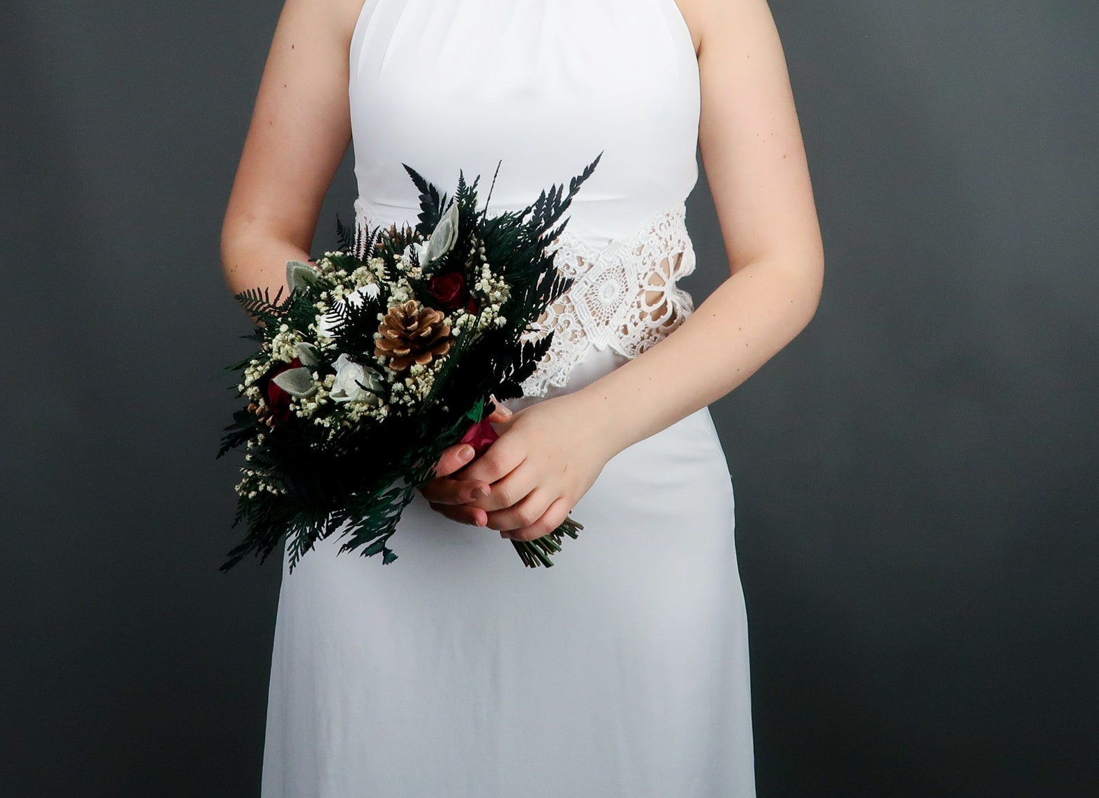 Burgundy and white winter wedding bridal bouquet pine cones | Etsy