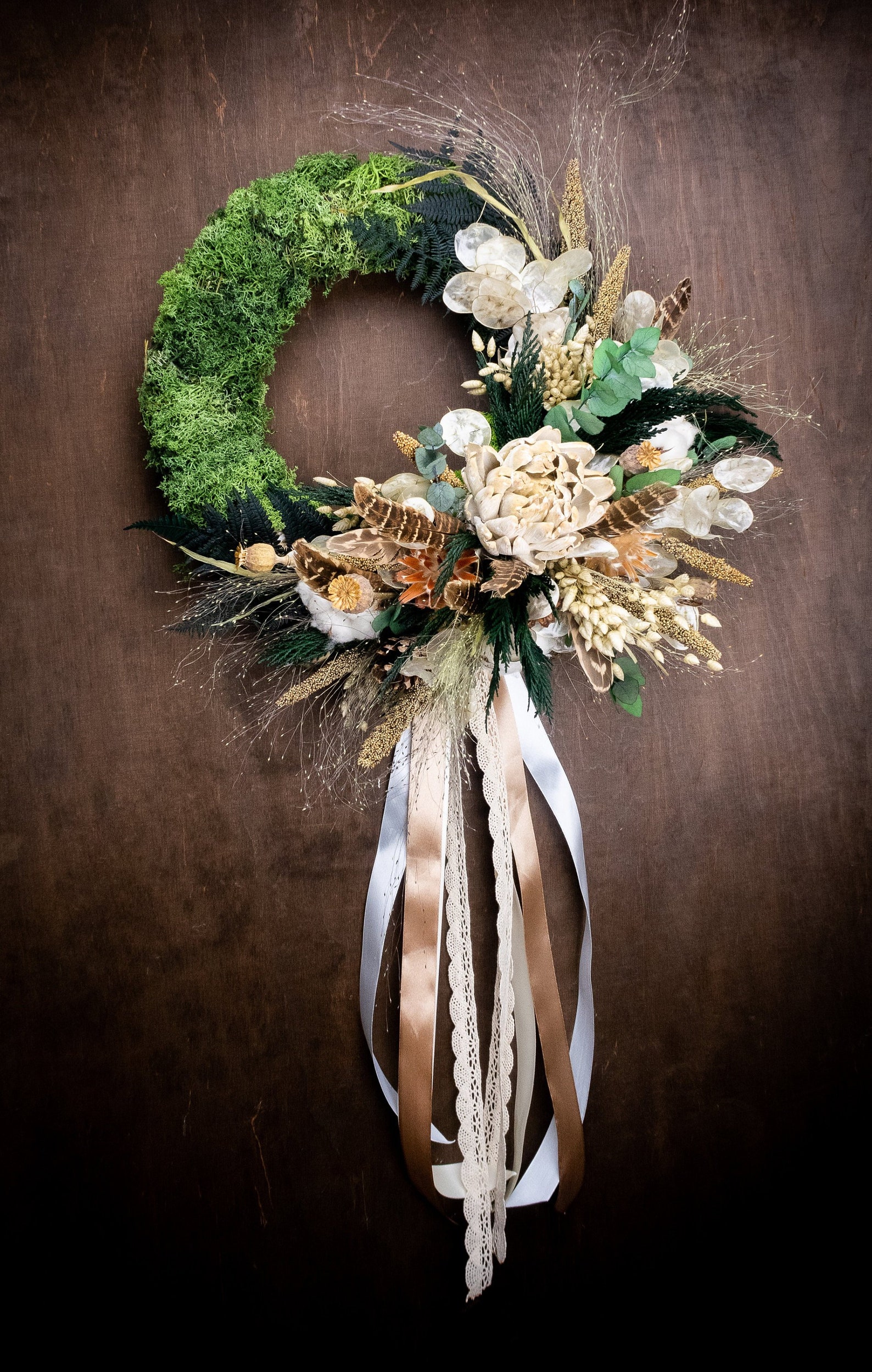 Boho Rustic Wreath With Feathers and Ribbons Preserved Moss - Etsy
