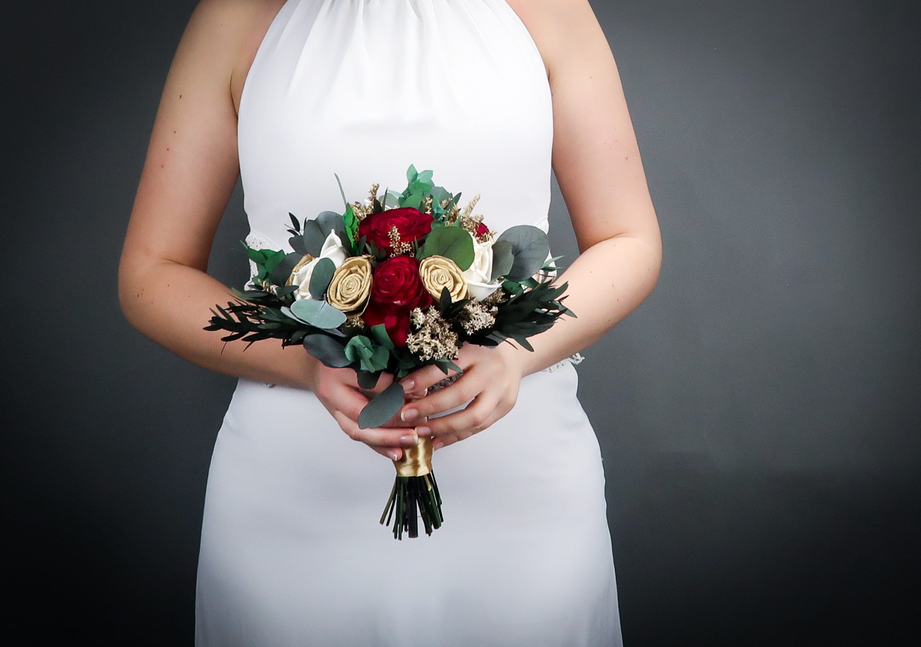 Winter Wedding Bouquet: Red Sola Flowers, Gold Eucalyptus, Ivory ...