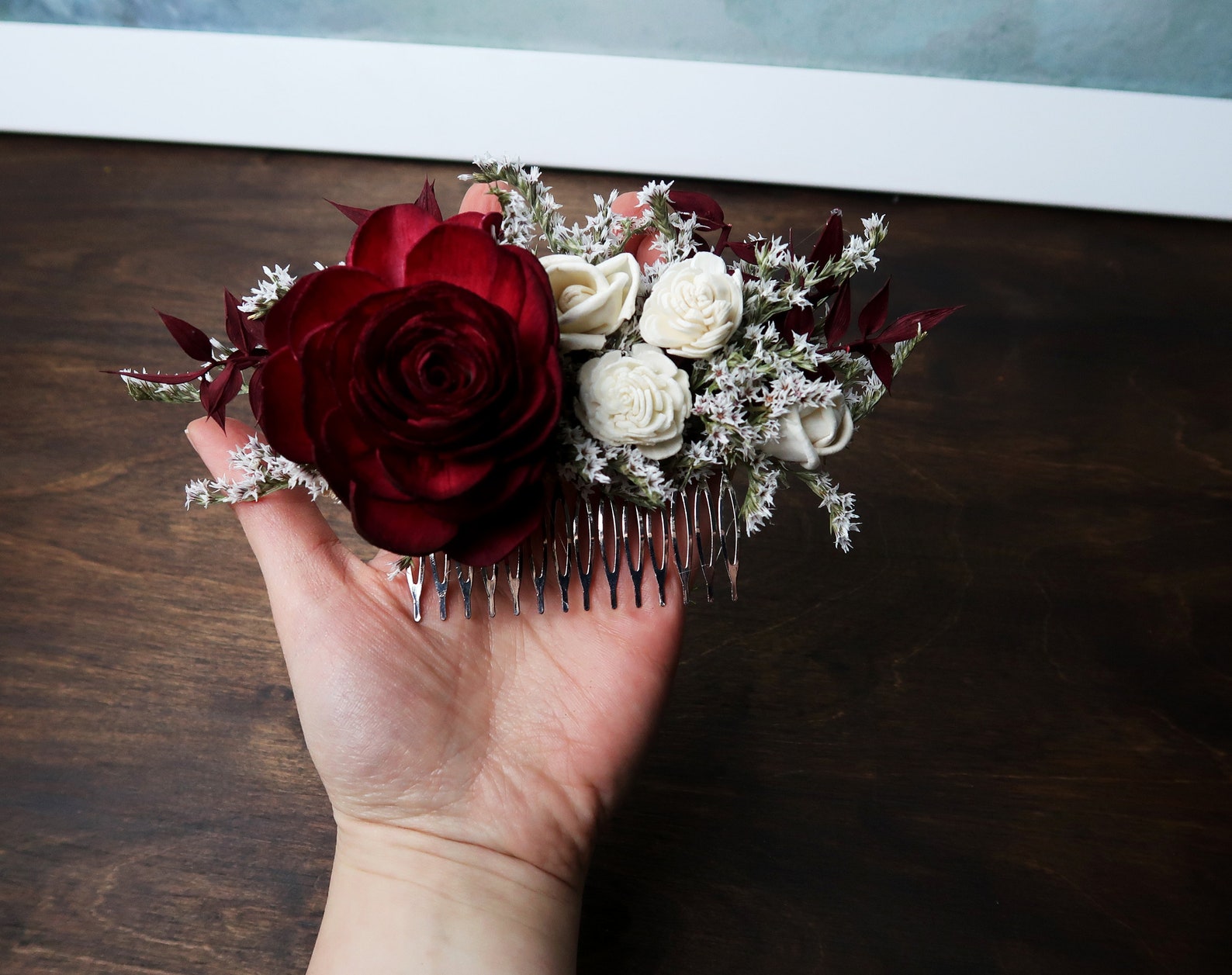 Deep Red Rose Hair Comb Alternative Bride Burgundy Rustic - Etsy