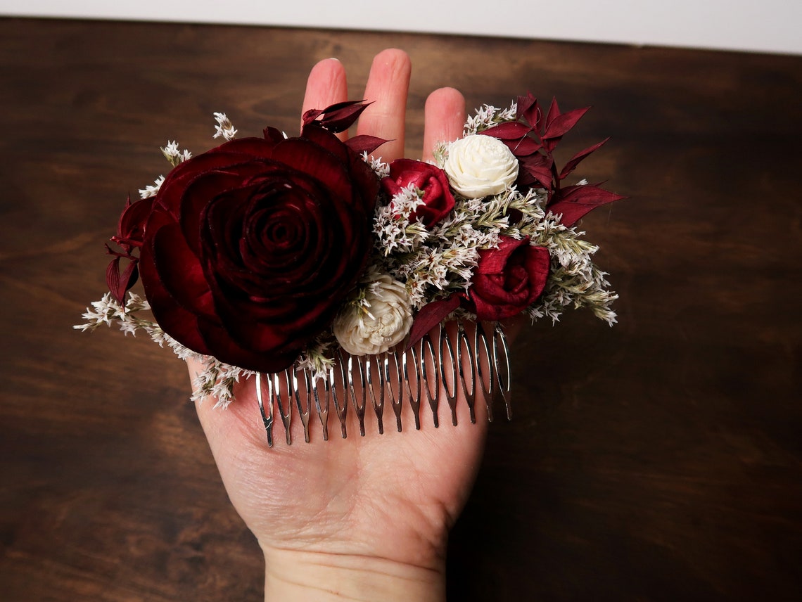 Deep red rose hair comb Alternative bride Burgundy rustic | Etsy