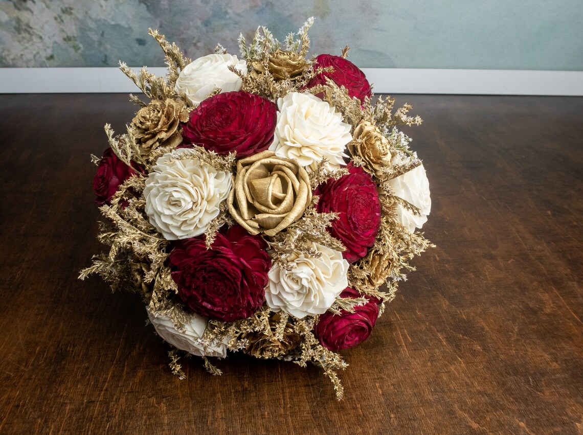 Deep Red Gold and Ivory Sola Rose Flower Bouquet Elegant - Etsy