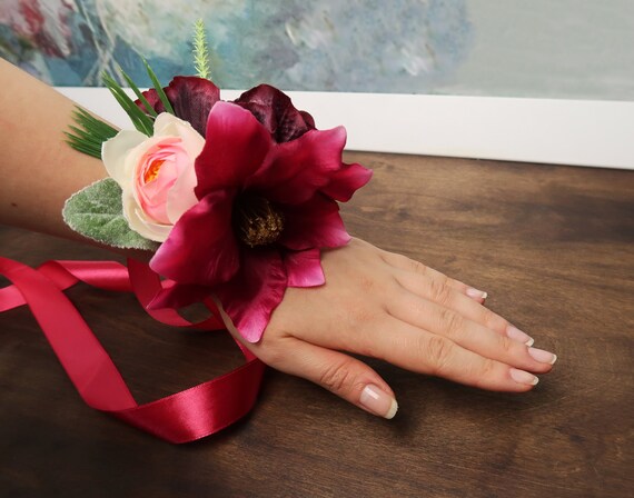 Tropical Wrist Corsage in Fuchsia and Burgundy Silk Flowers Beach Wedding Etsy UK