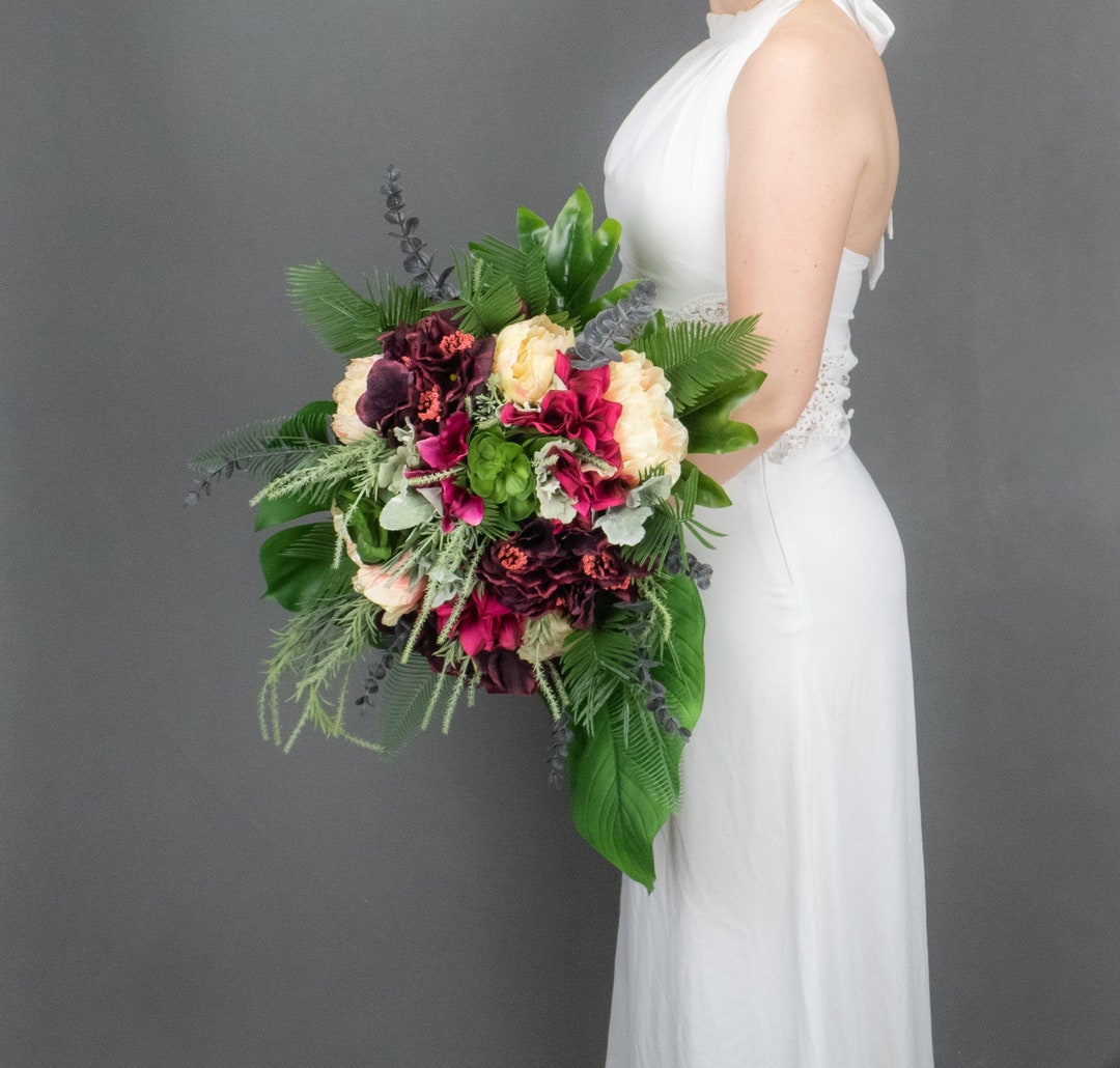 Burgundy Fuchsia Peach Cream Tropical Flowers Wedding Bridal Bouquet ...