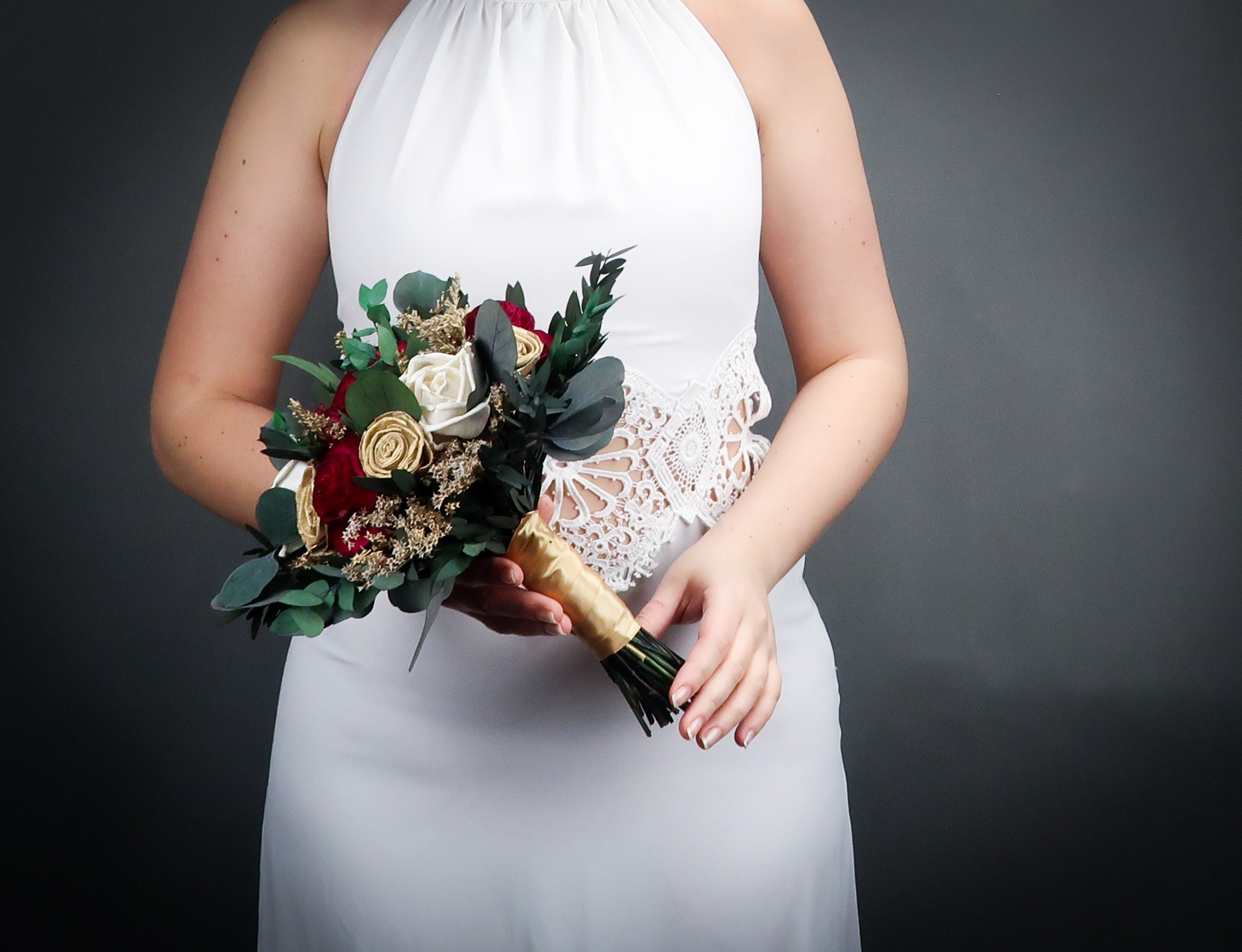 Winter Wedding Bouquet: Red Sola Flowers, Gold Eucalyptus, Ivory ...