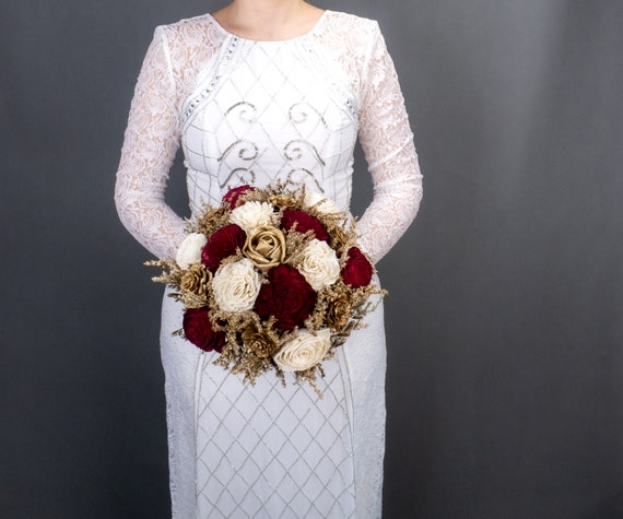 Deep Red Gold and Ivory Sola Rose Flower Bouquet Elegant - Etsy