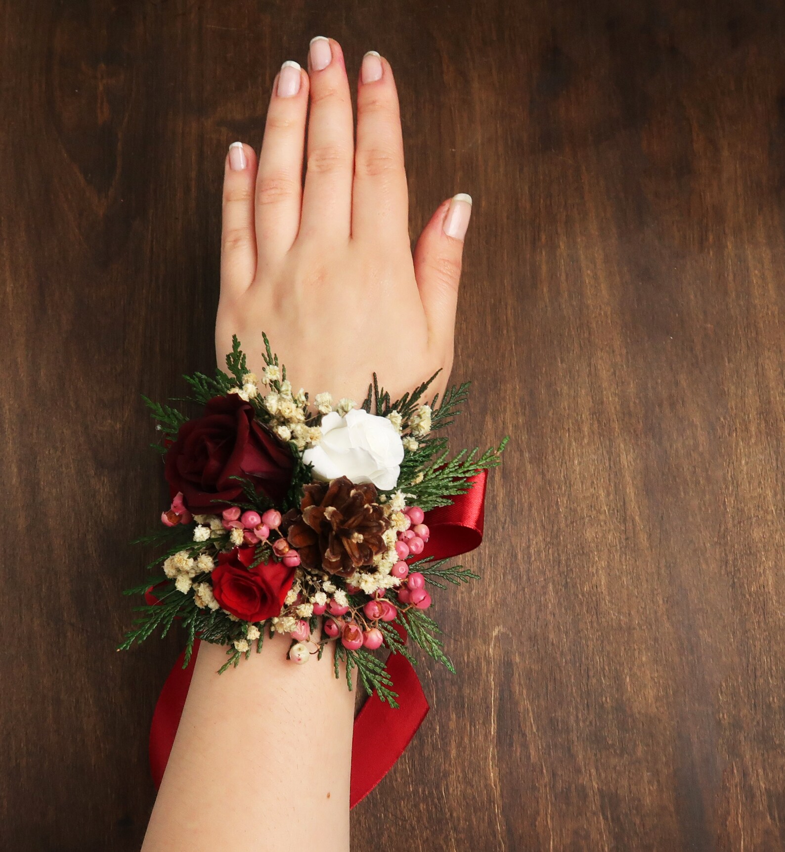 Winter Wedding Wrist Corsage: Red Roses, Pine Cones & Berries - Etsy