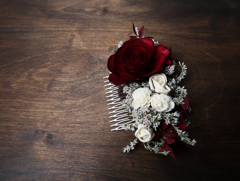 Deep red rose hair comb Alternative bride Burgundy rustic | Etsy