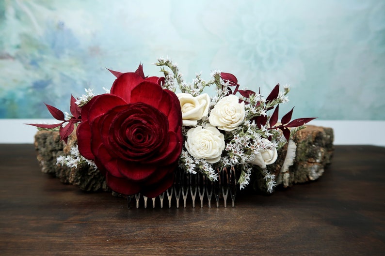 Deep red rose hair comb Alternative bride Burgundy rustic | Etsy