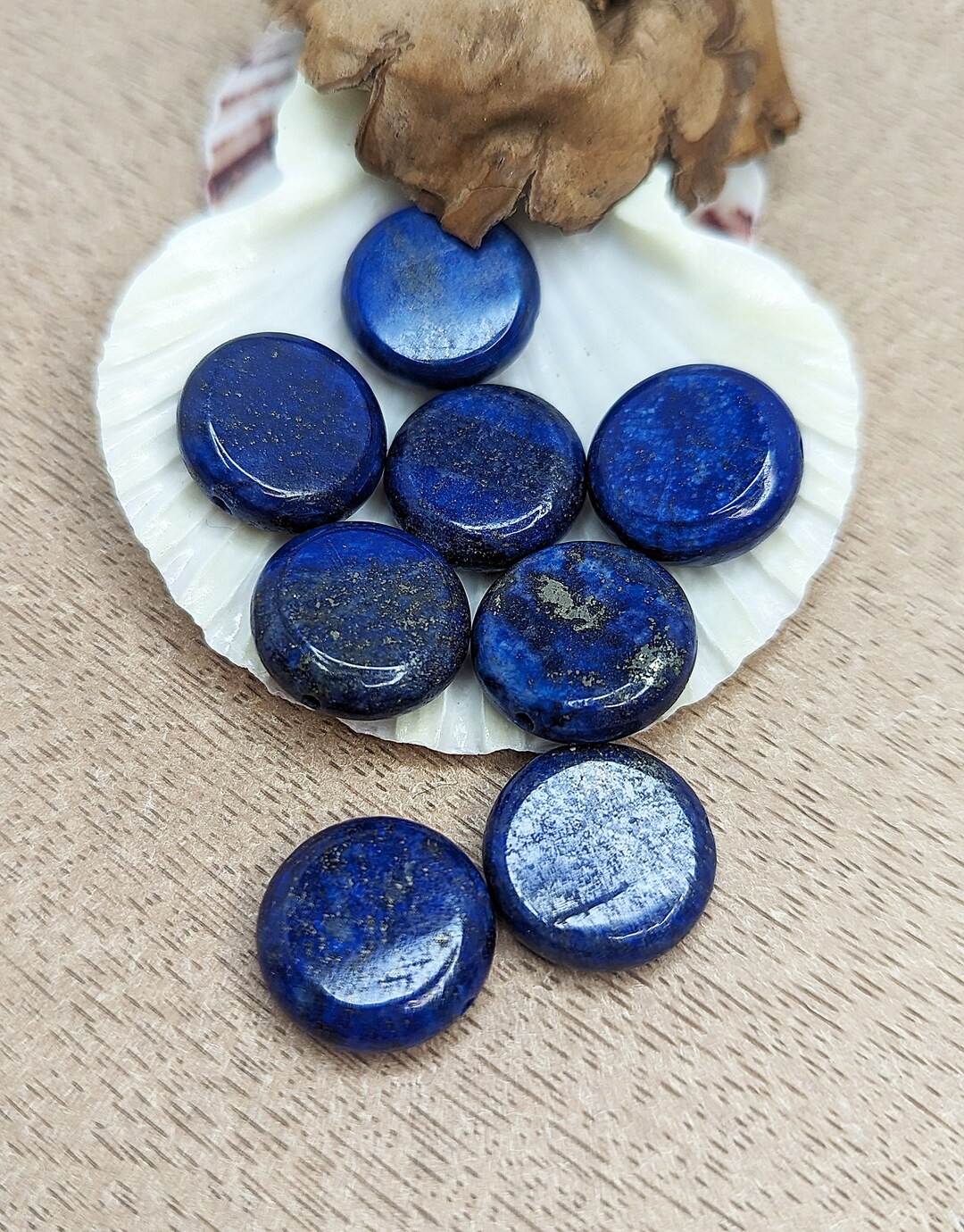 Real Lapis Lazuli Beads Blue Gold Round Pastille 16x5mm Lot of 4 Beads ...