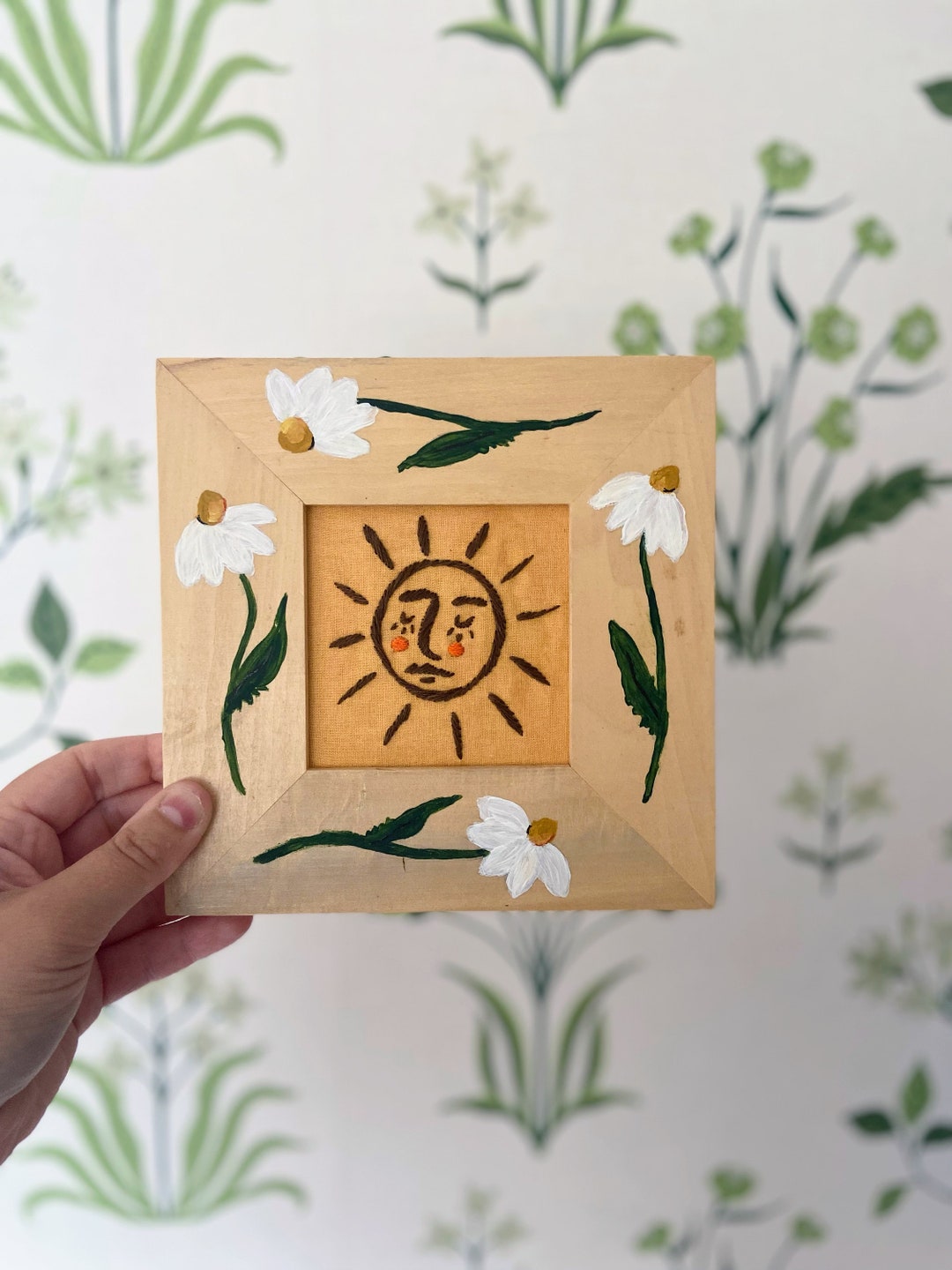 Mini Sun Face Embroidery in Hand Painted Wooden Frame Summer Solstice ...