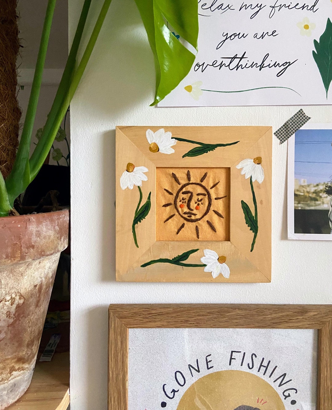 Mini Sun Face Embroidery in Hand Painted Wooden Frame - Summer Solstice ...